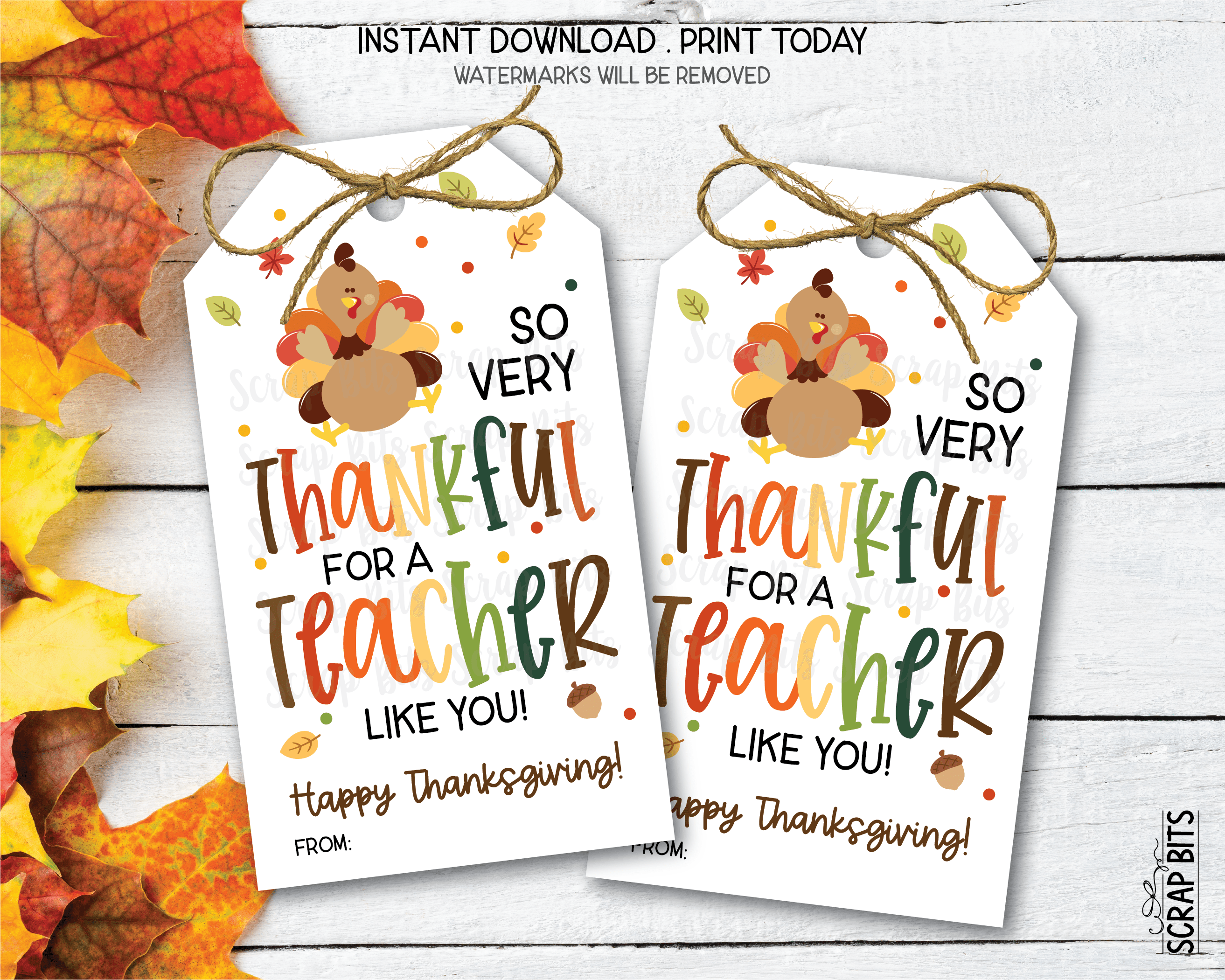 Thankful For A Teacher Like You, Scatter Leaves Thanksgiving Gift Tags ...