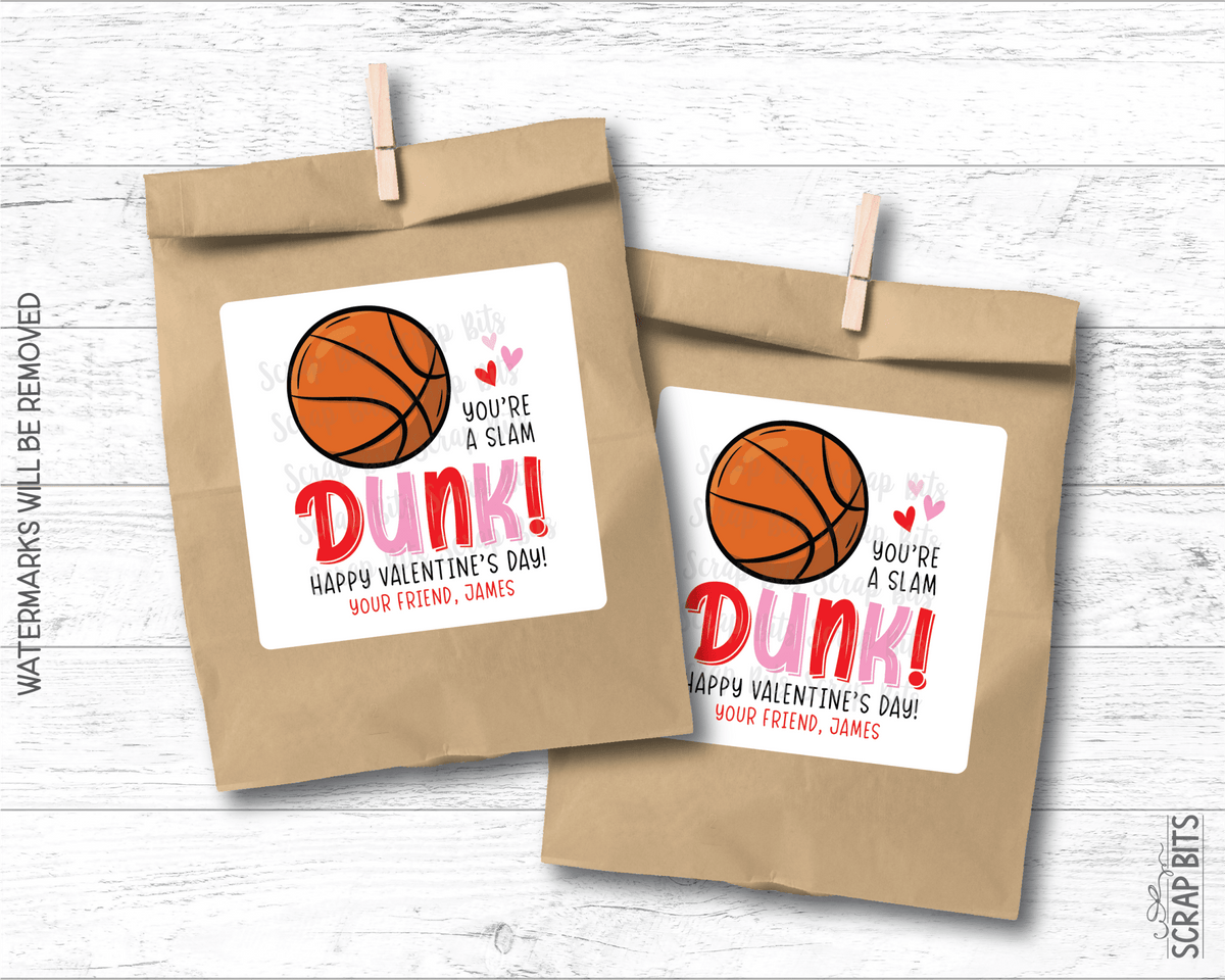 Basketball Valentines, You're A Slam Dunk Valentine Treat Bag Stickers ...