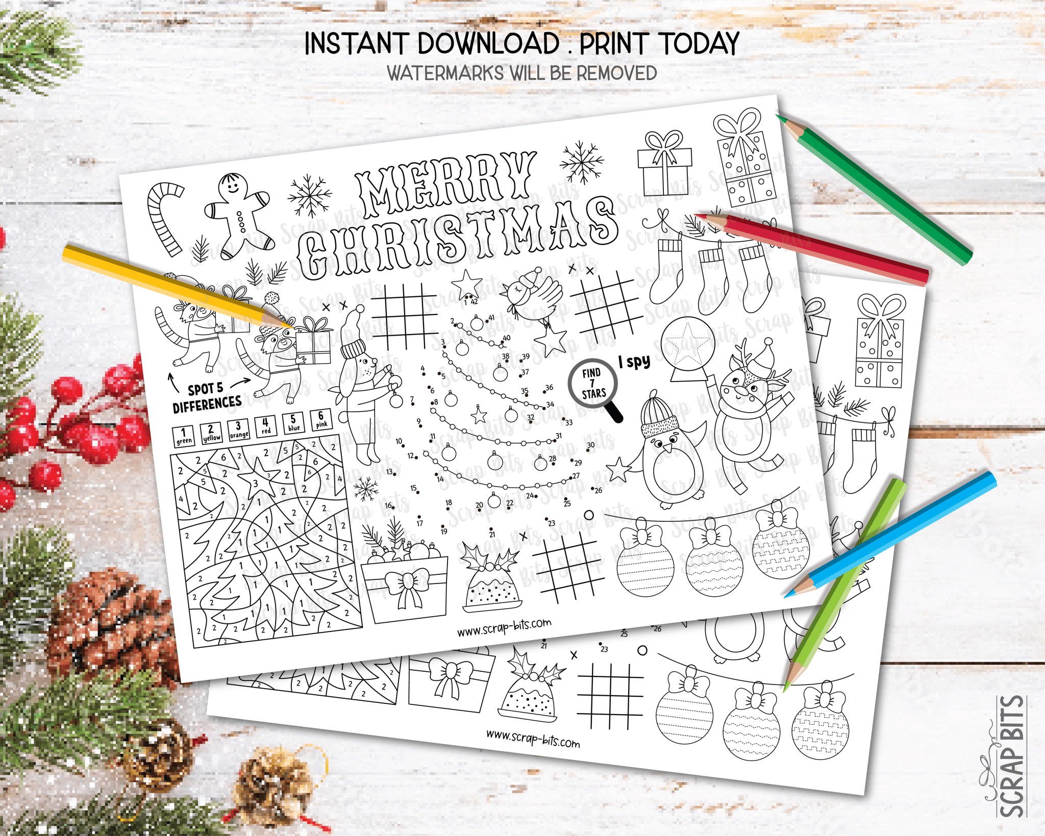 Christmas Activity Page for Kids, Printable Christmas Placemat, Colori ...