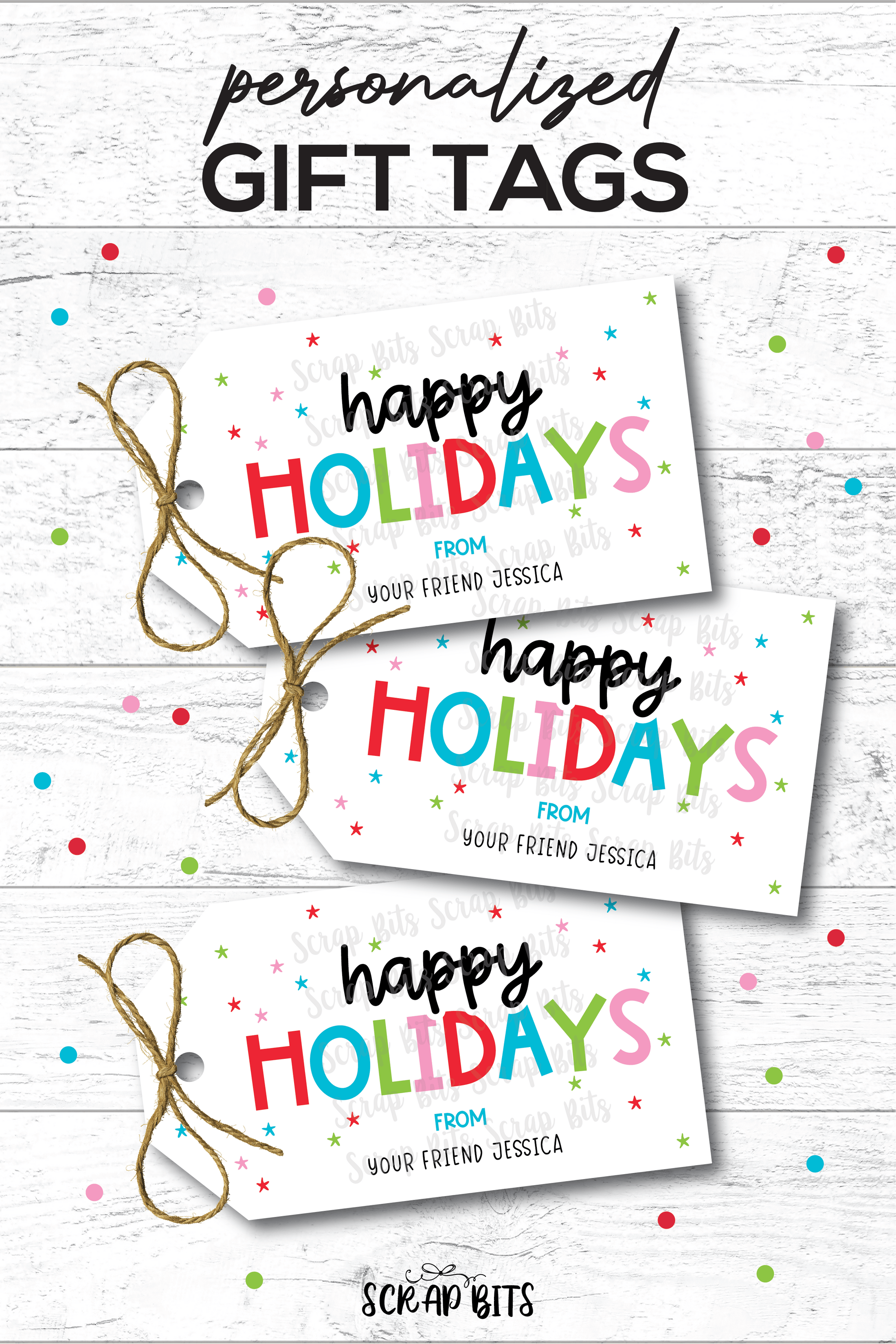 Happy Holidays Playful Lettering, Personalized Christmas Gift Tags ...