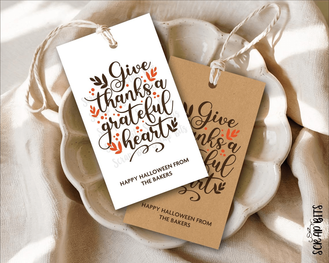 Scripty Lettering Thanksgiving Tags, Give Thanks With A Grateful Heart ...