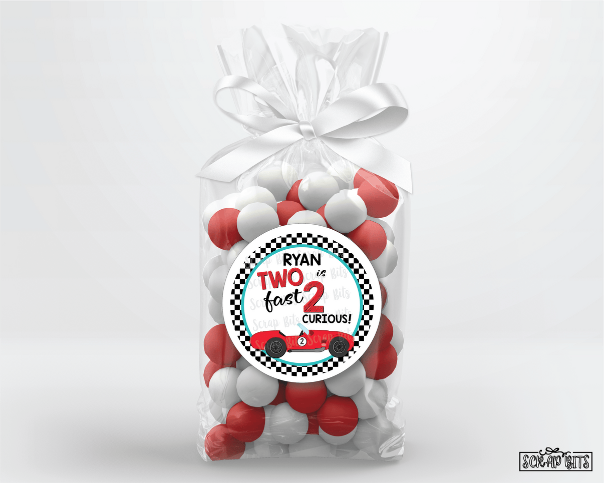 Two Fast, 2 Curious, Red Car Racing Birthday Favor Stickers or Tags ...