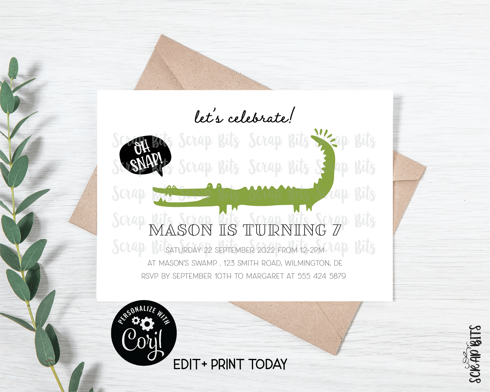 Alligator Birthday Invitation, Minimal . Instant Download Editable Tem ...