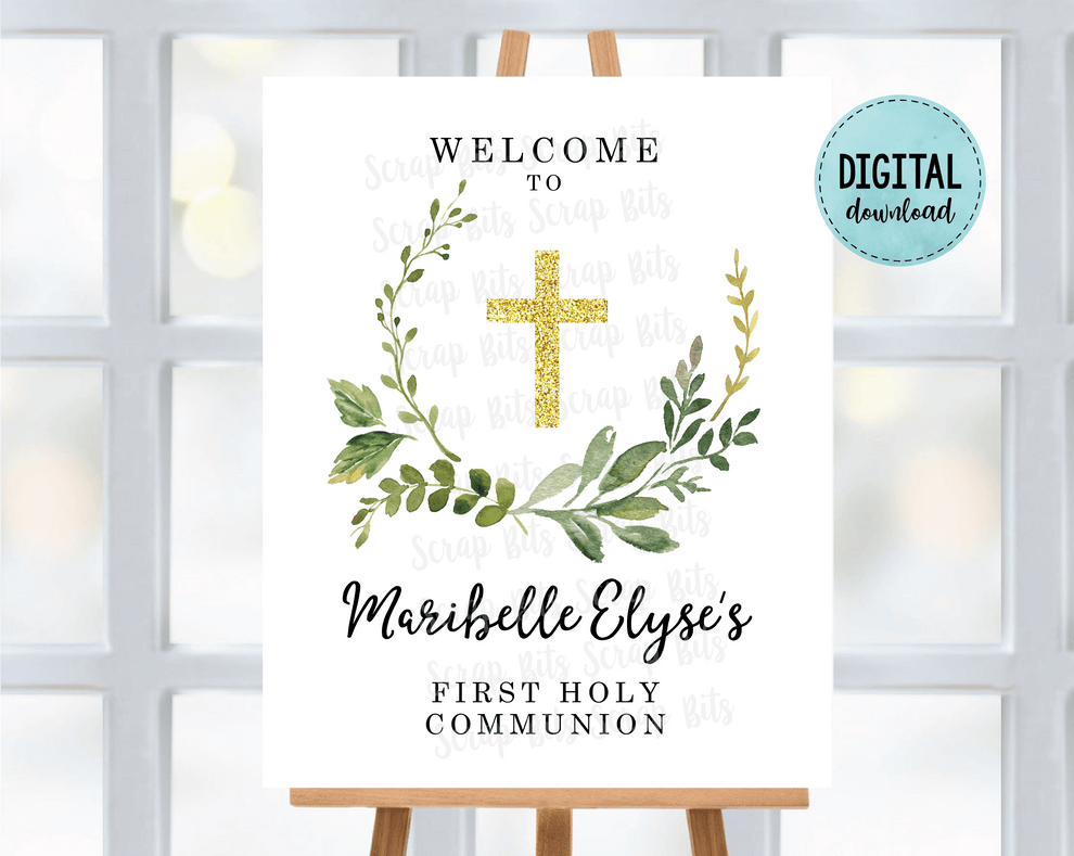 First Communion Welcome Sign, Watercolor Greenery Wreath with Cross ...