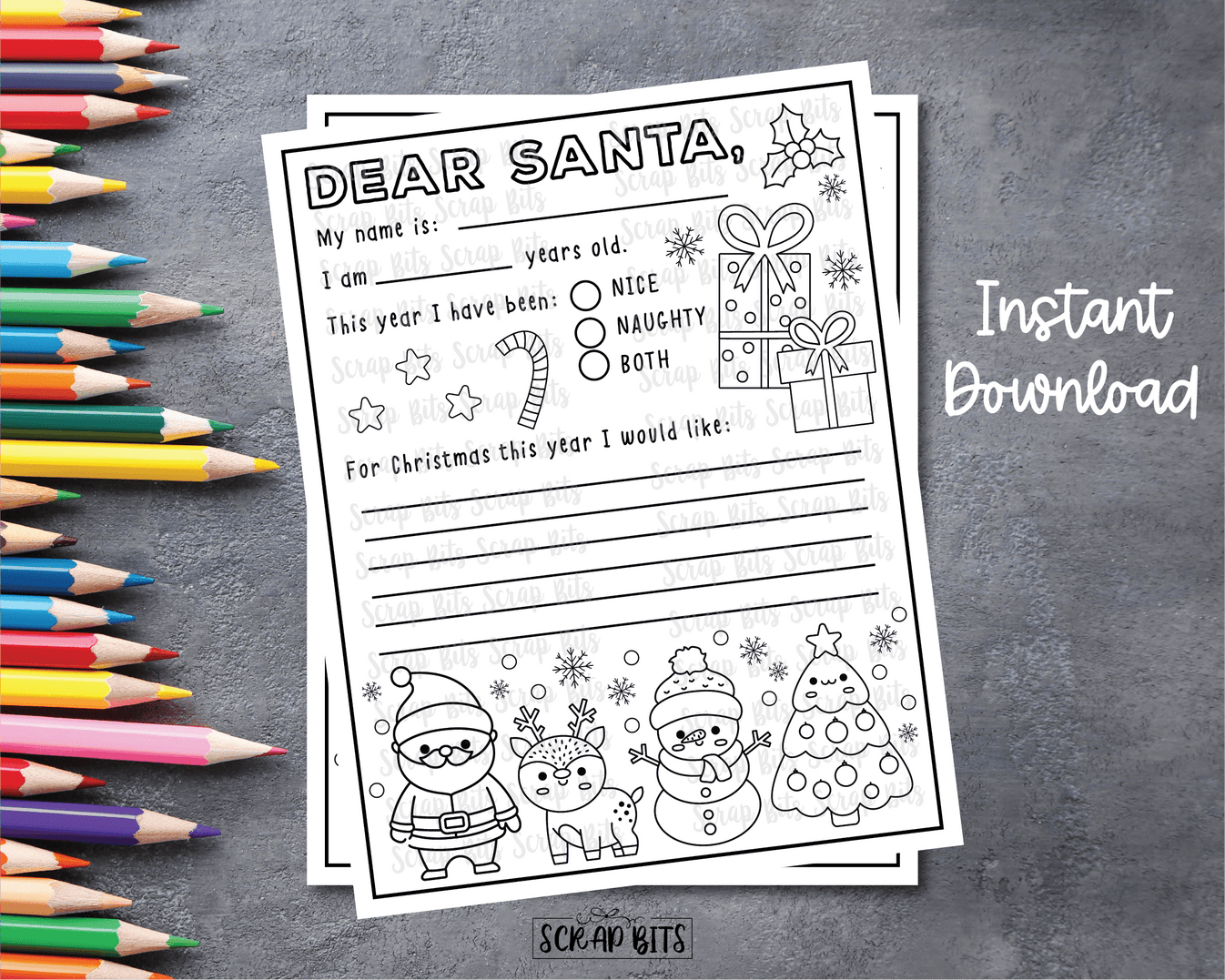 Letter To Santa Coloring Page, Printable Santa Letter . Instant Downlo ...