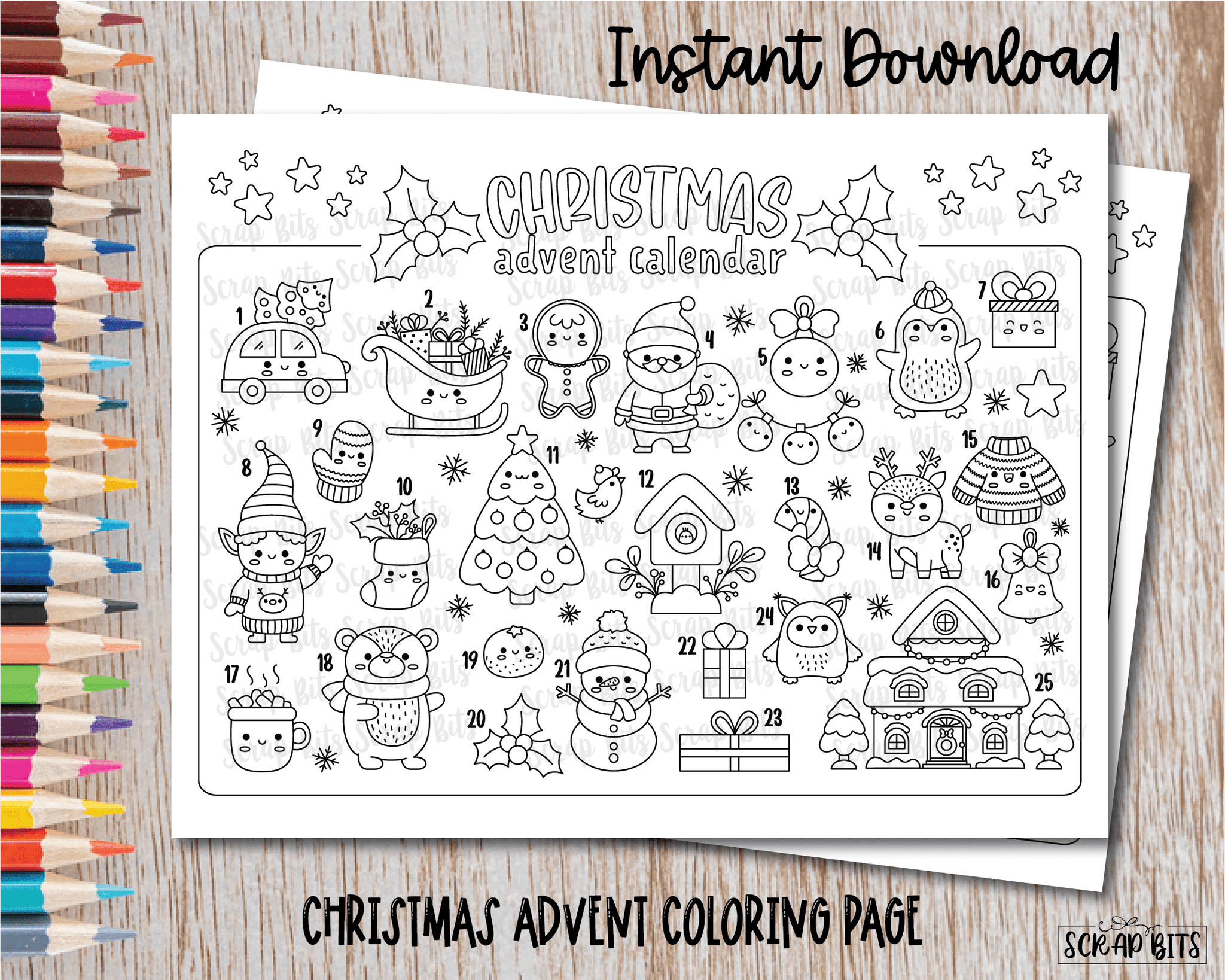 Printable Christmas Advent Calendar, Christmas Coloring Sheet . Instan ...