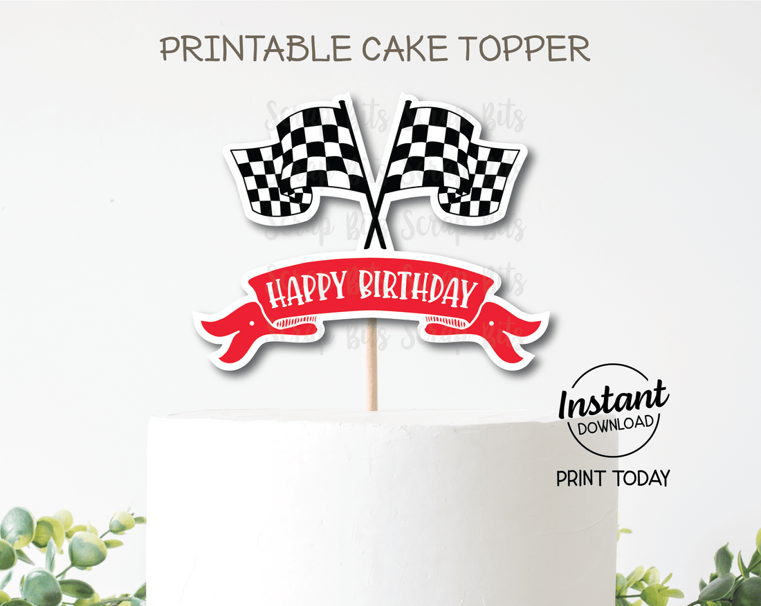 Racing Flags Cake Topper, Red Banner, Printable Party Decor . Instant – Scrap Bits