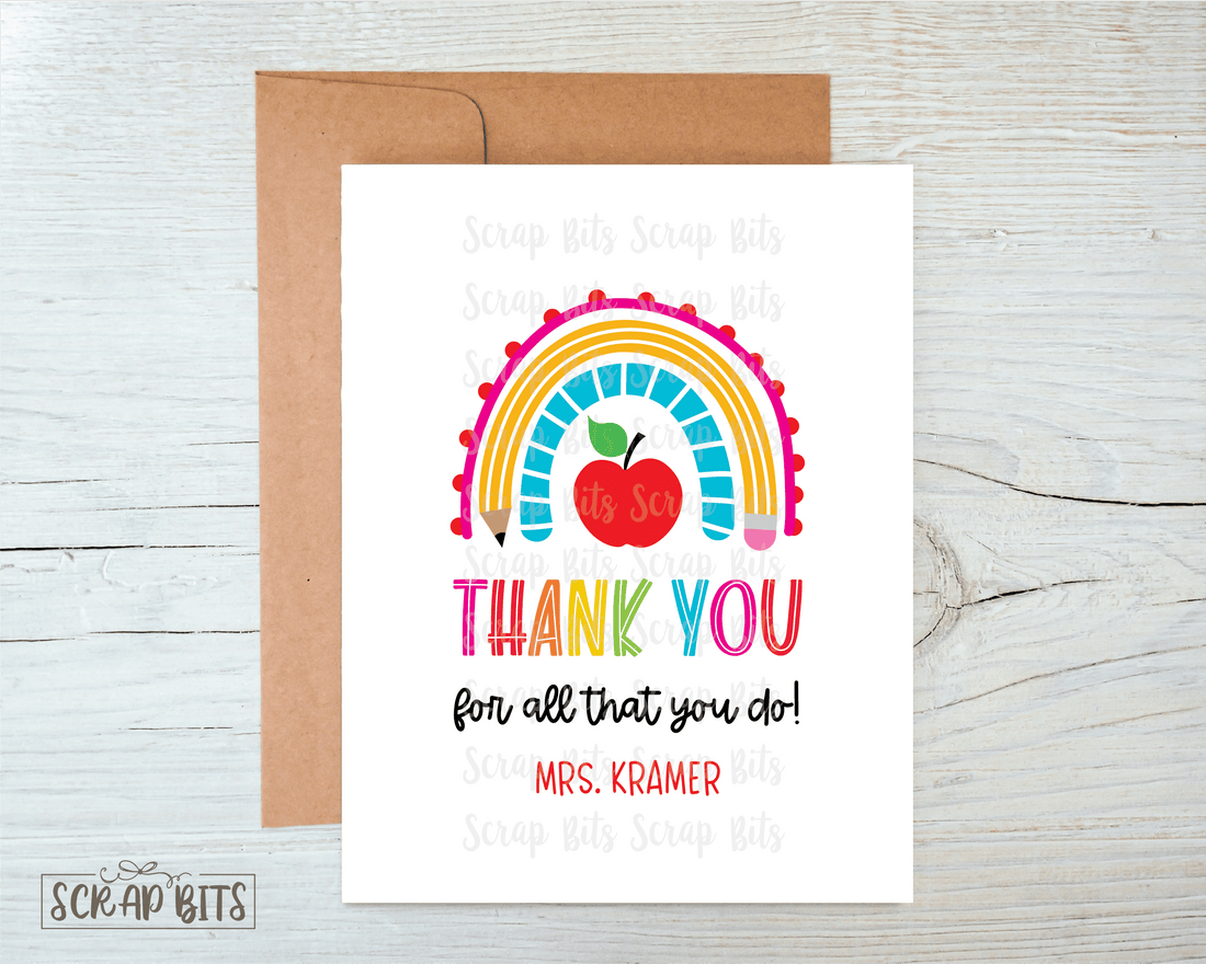 Rainbow Teacher Appreciation Card, Teacher Thank You Card – Scrap Bits