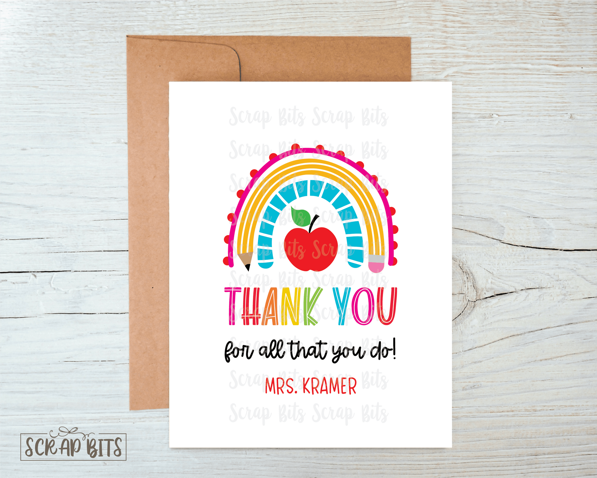 Rainbow Teacher Appreciation Card, Teacher Thank You Card – Scrap Bits