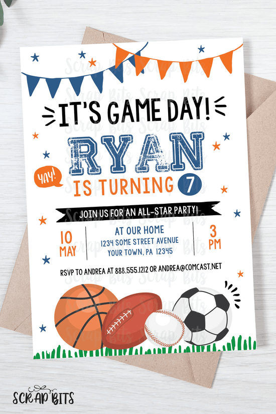 Sports Birthday Invitation, It's Game Day, Blue & Orange Sports Party ...