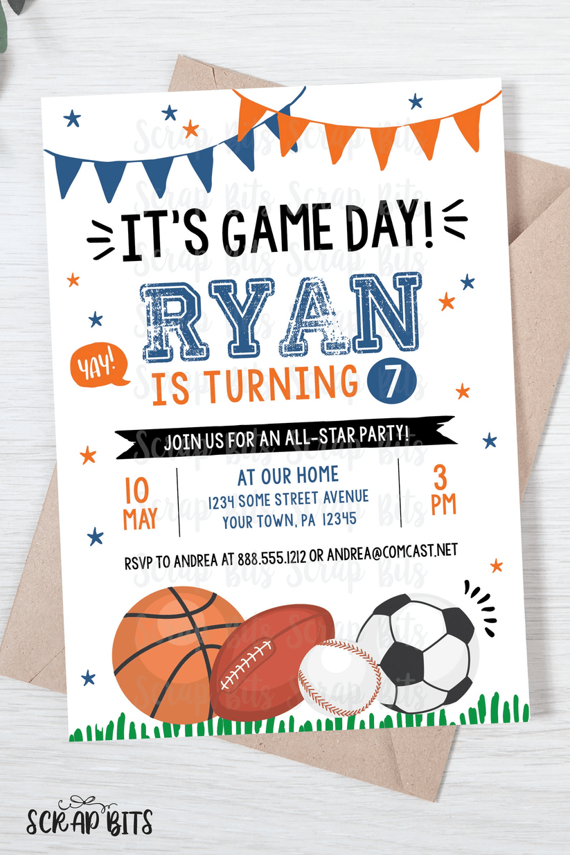 Sports Birthday Invitation, It's Game Day, Blue & Orange Sports Party ...